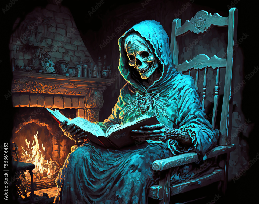 Death skeleton is sitting at home on chair near burning fireplace and ...