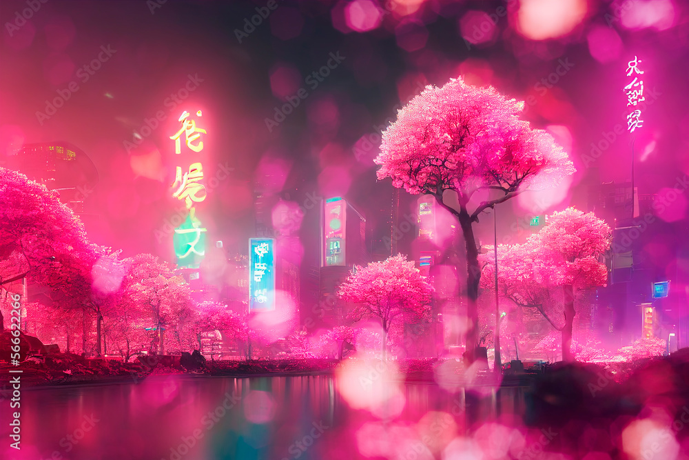 Futuristic city with neon lights and abstract sakura trees. Modern ...