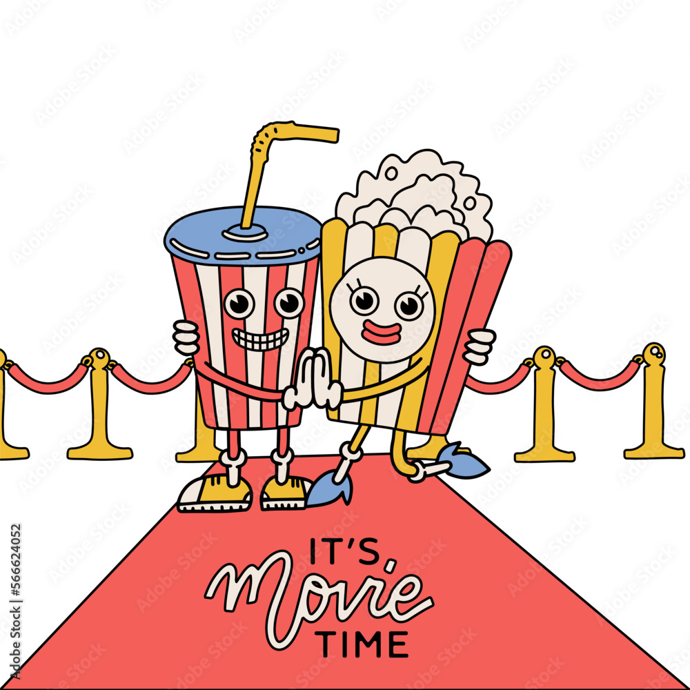 Popcorn and soda drink groovy characters on the red carpet. Cute retro ...