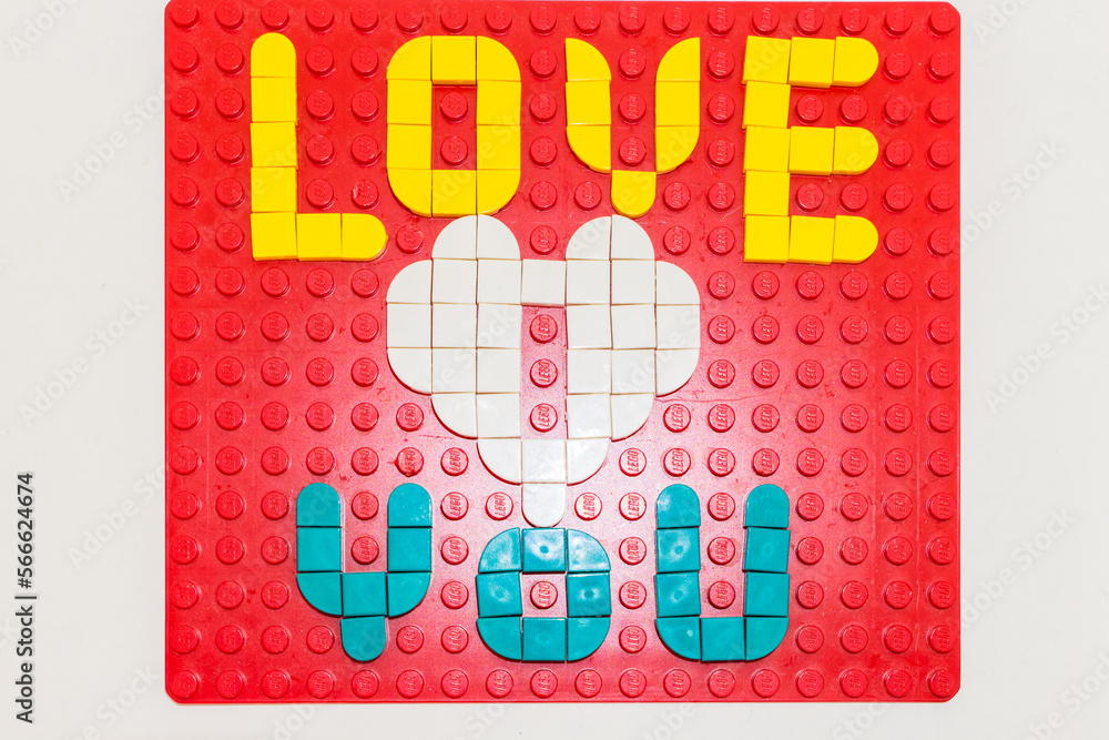 15.01.2023 Slovakia. Sala. The words "I love you" made from Lego. On a ...
