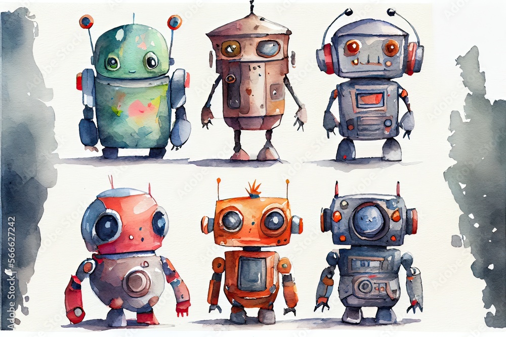 Generative AI illustration of a cute robot collection on white ...