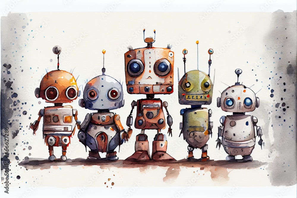 Generative AI illustration of a cute robot collection on white ...