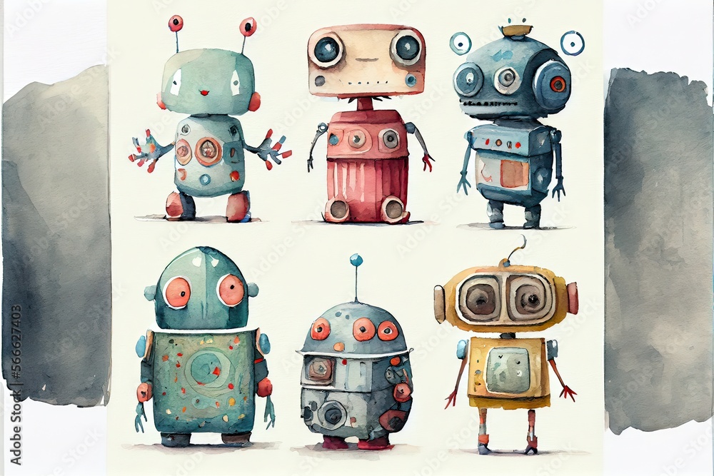 Generative AI illustration of a cute robot collection on white ...