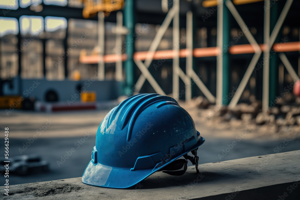 A blue safety helmet or hardhat, construction worker PPE, is placed in ...