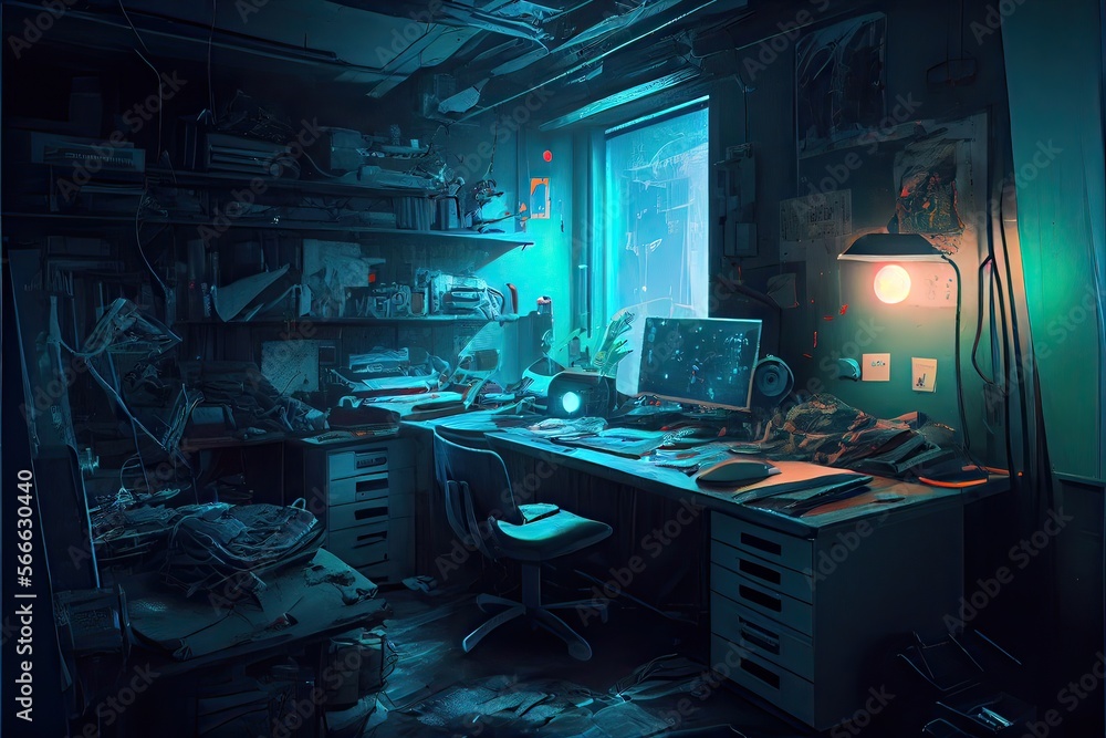 Generative AI illustration of messy and dark cyberpunk hacker hideout ...
