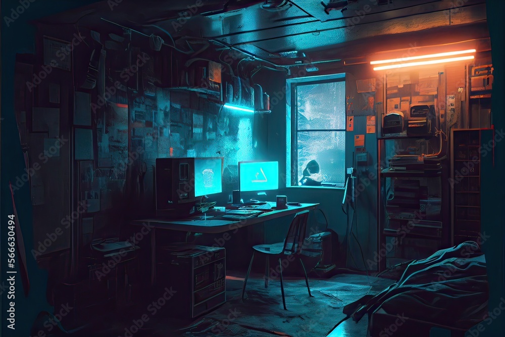 Generative AI illustration of messy and dark cyberpunk hacker hideout ...