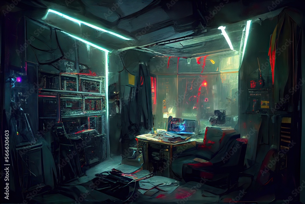 Generative AI illustration of messy and dark cyberpunk hacker hideout ...