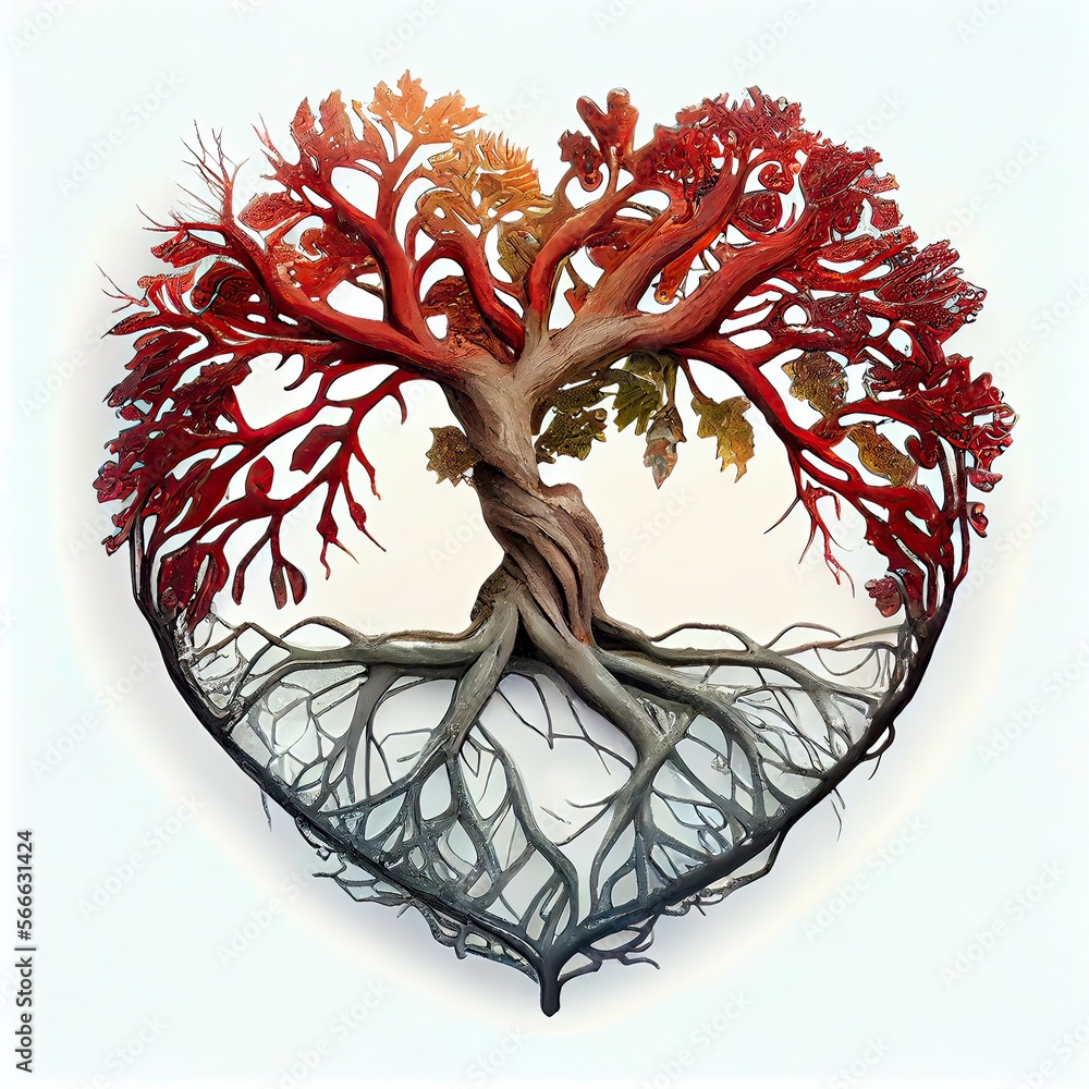 Generative AI illustration of tree of life, roots making red heart ...