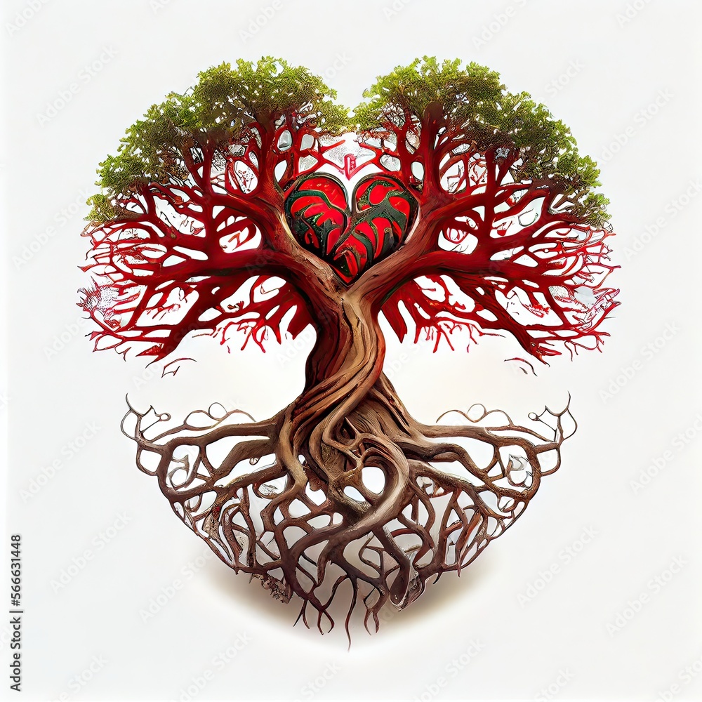 Generative AI illustration of tree of life, roots making red heart ...