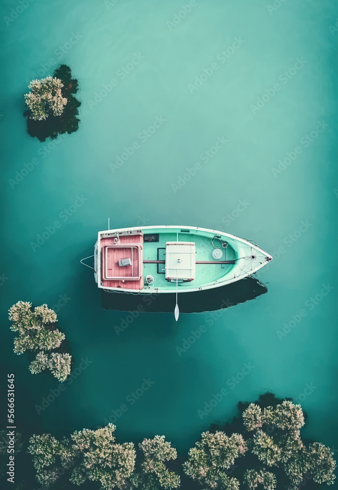 Little pink boat on the calm water surface. Calm water. Blue ocean ...