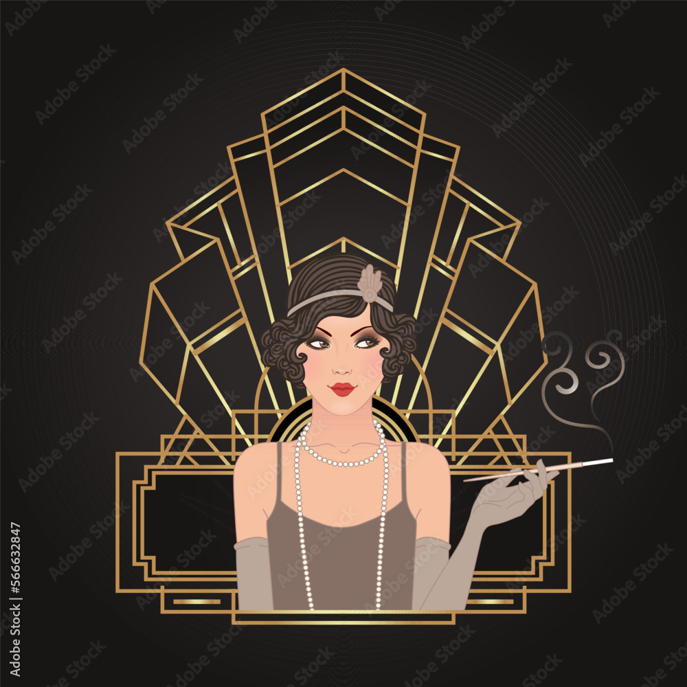 Flapper girl. Art deco 1920s style vintage invitation template design ...