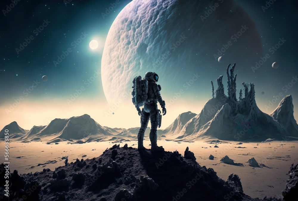 silhouette of astronaut, alien nature on another planet with multiple ...