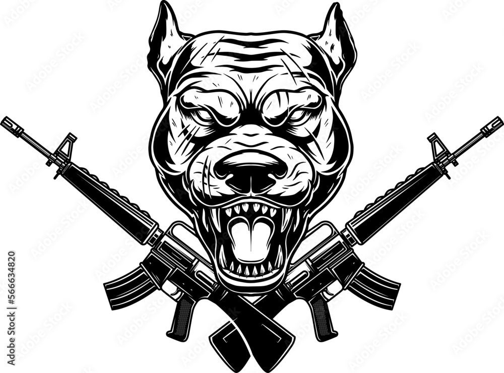 Angry dog head with crossed assault rifles. Design element for poster ...