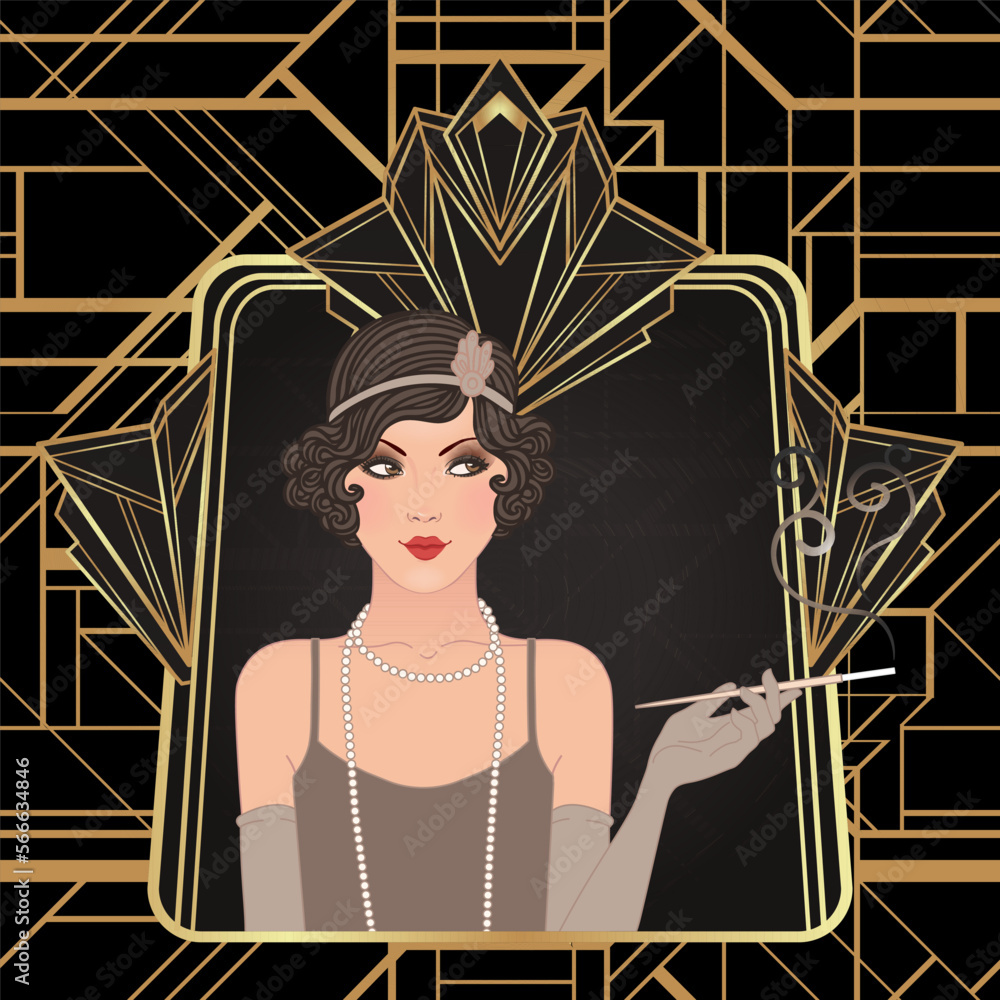 Flapper girl. Art deco 1920s style vintage invitation template design ...