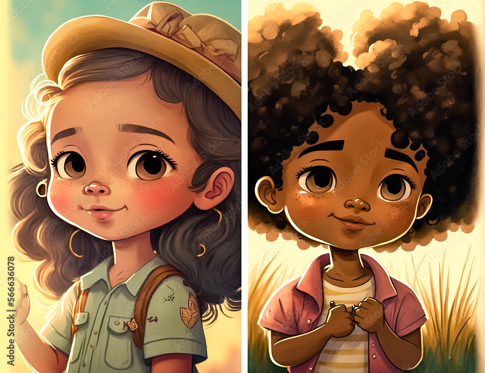 Cartoon kids looking at the camera. Portrait of cute little girls ...
