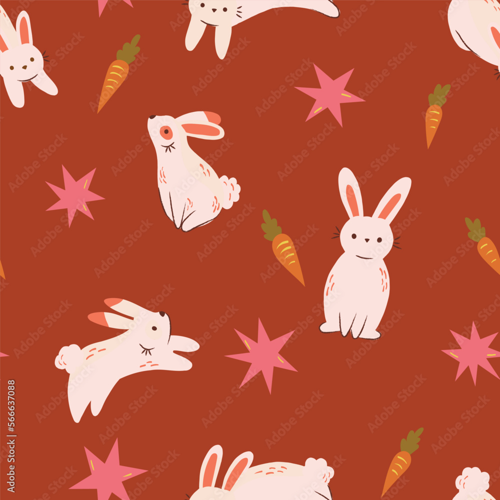 Cute seamless pattern with rabbit and floral elements. Vector ...