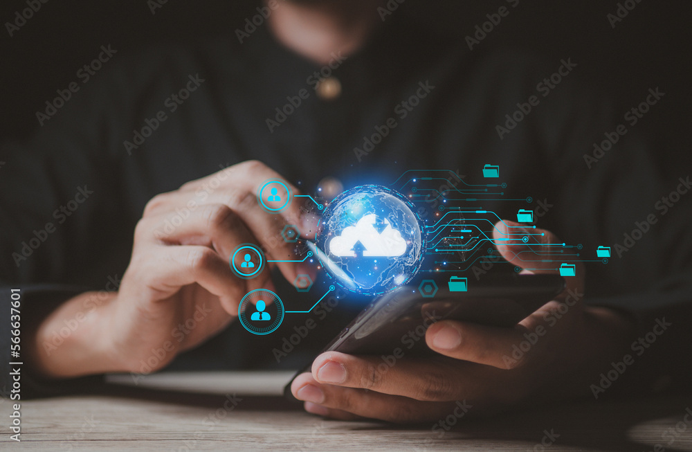 Cloud computing and technology concept.Man use Laptop with cloud ...