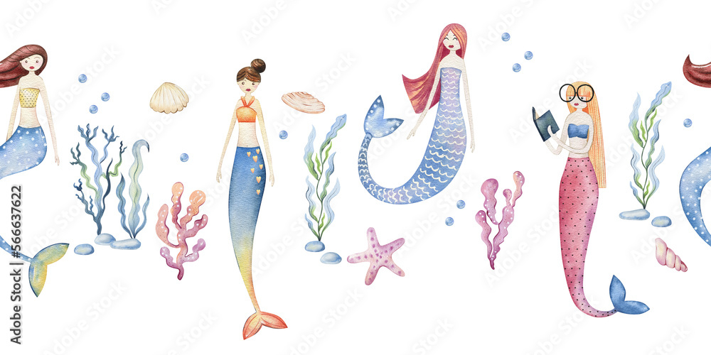 Watercolor seamless border with cute mermaids and shells. Stock ...