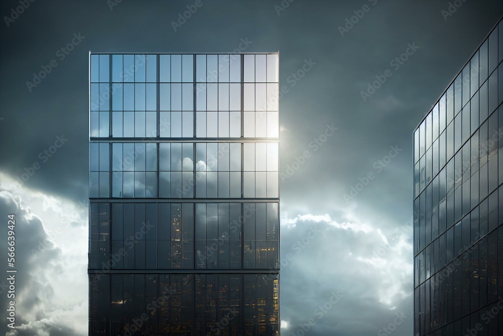 Perspective of high rise building and dark steel window system with ...