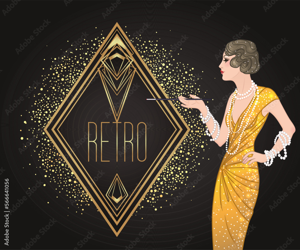 Flapper girl. Art deco 1920s style vintage invitation template design ...