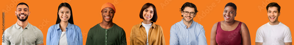 Collection of studio photos of multiethnic millennials smiling at ...