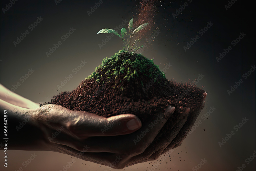 Man holding a mound of soil with his hands from which a small plant is ...