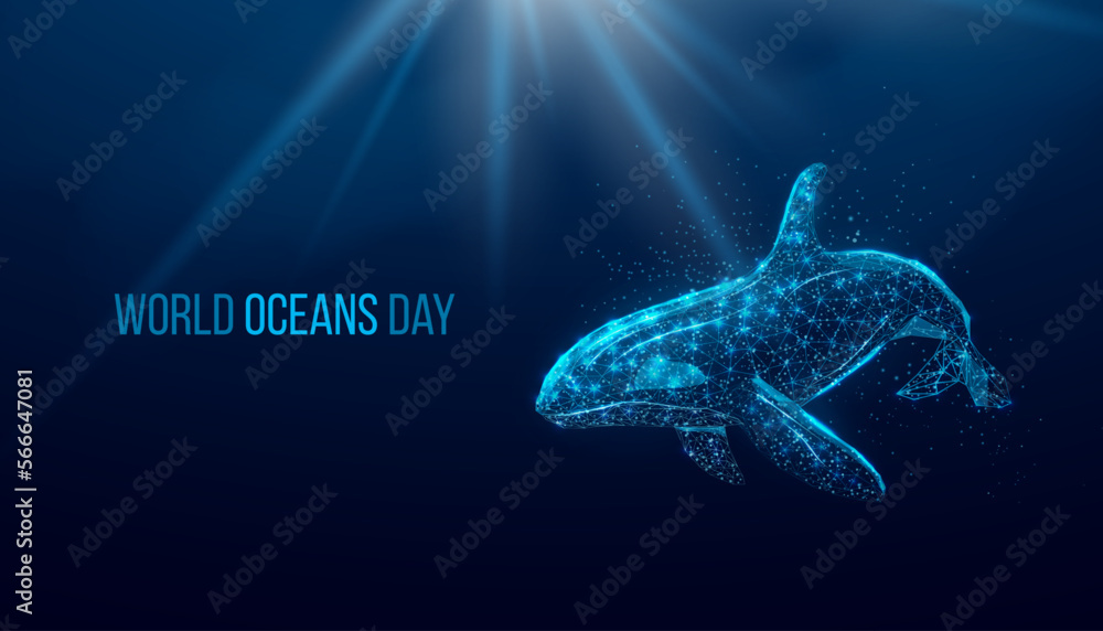 World oceans day. Wireframe glowing low poly Orca whale. Design on dark ...