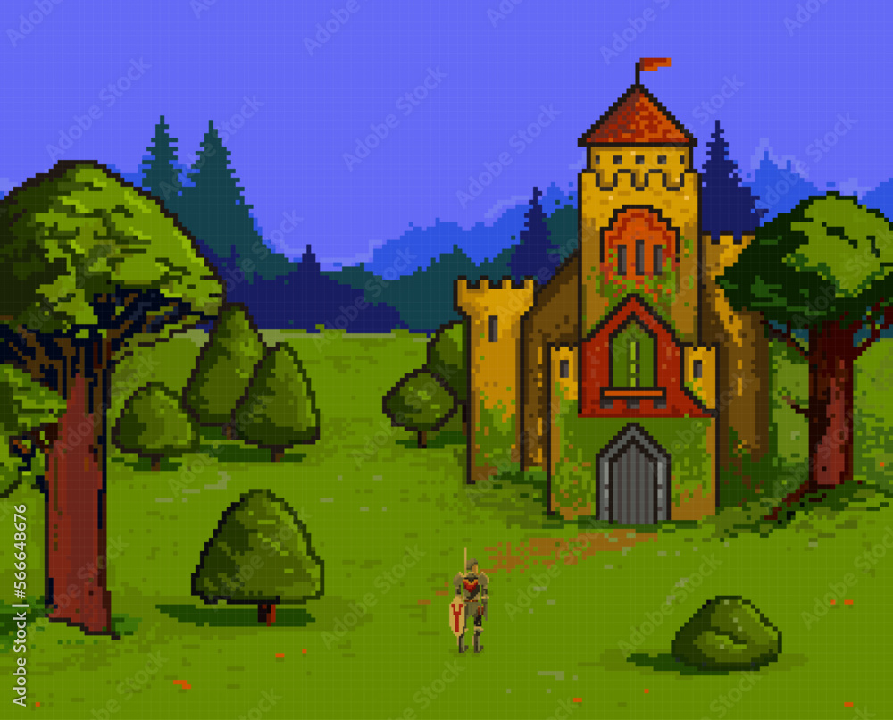 video game landscape with castle pixel art, 8 bit, vector Stock Vector ...