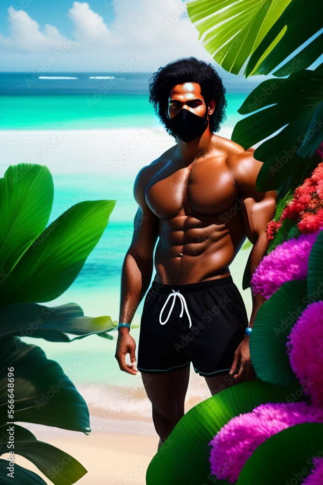Handsome Brazilian man wearing black swim trunks and wearing cap ...