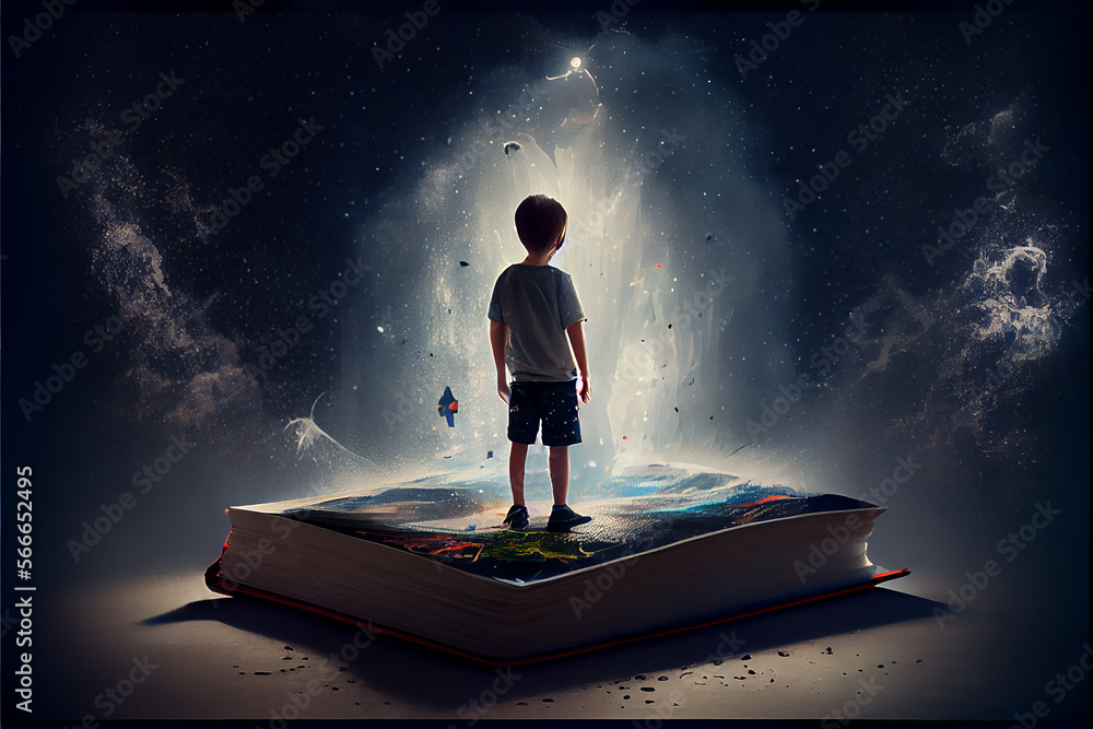 Kid living adventures in a fantasy magic book, generative AI Stock ...