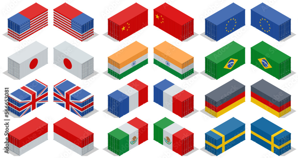 Isometric shipping container with flag of the United States, India ...