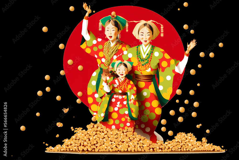 Setsubun Festival, traditional Japanese street, families dressed in ...