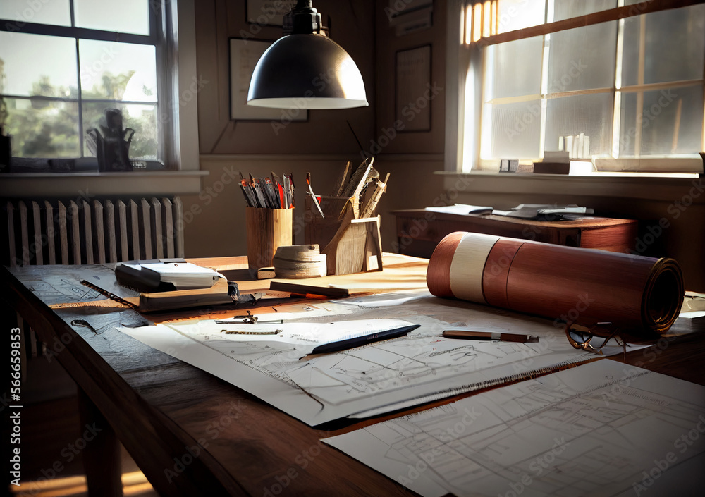 Interior of an architect's office with wooden desk Stock Illustration ...