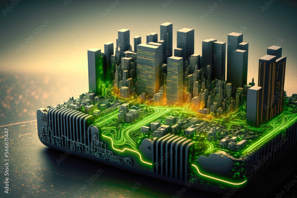 Smart city on circuit board background. Futuristic cyberspace concept ...