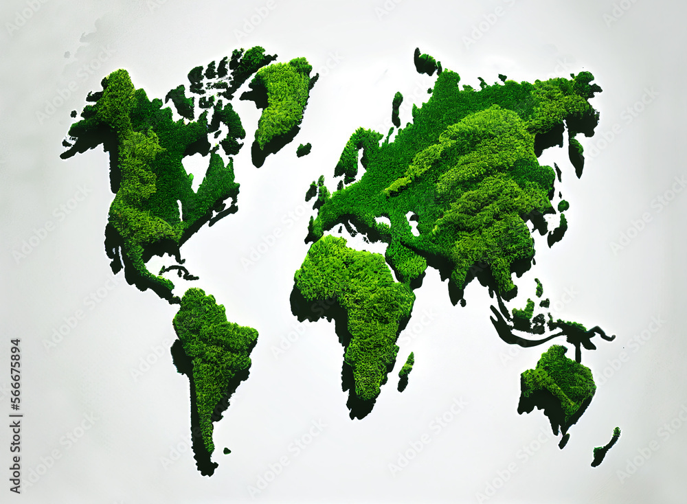 Map of the World covered with grass and plants. Art silhouette, symbol ...