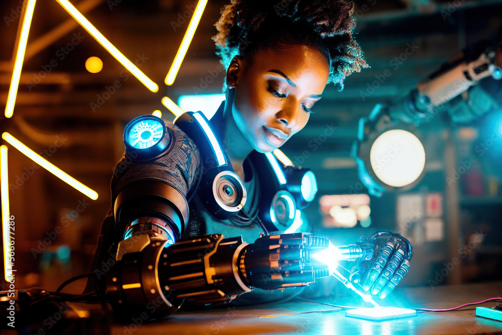 Futuristic Maintenance by a Somali Cyborg Woman Mechanic with a ...