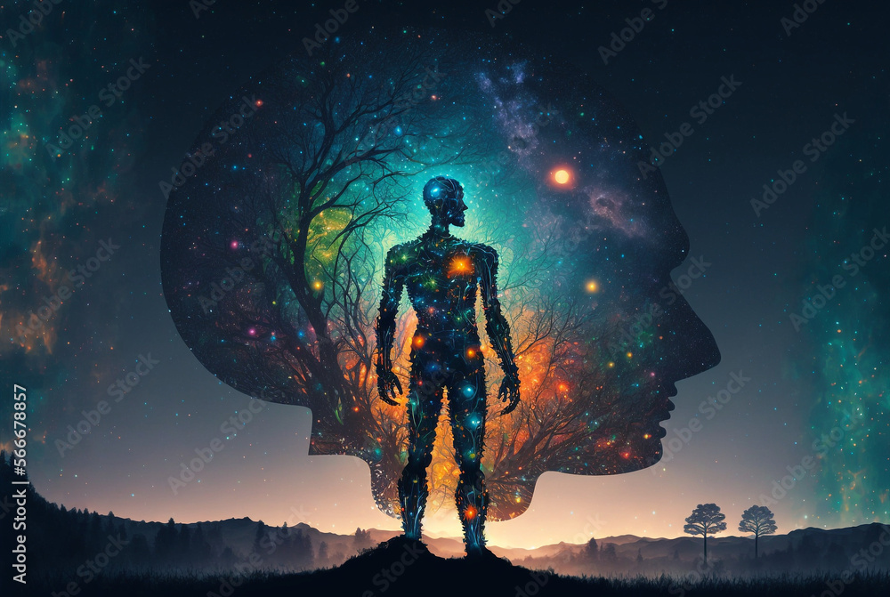 Generative ai illustration sci-fi futuristic humanoid robot in outer ...