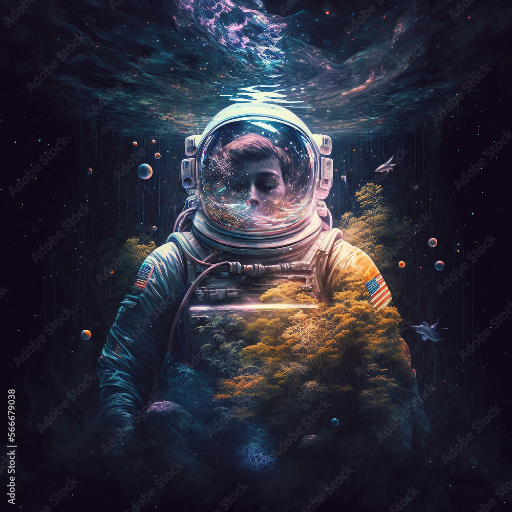 Generative ai astronaut floating zero gravity in outer space. Discovery, exploration concept ...