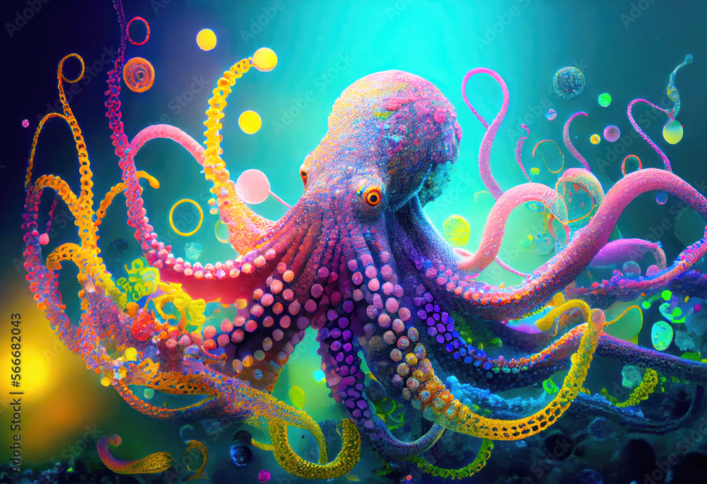 Colorful octopus swimming underwater. Generative Ai Art. Rainbow colors ...