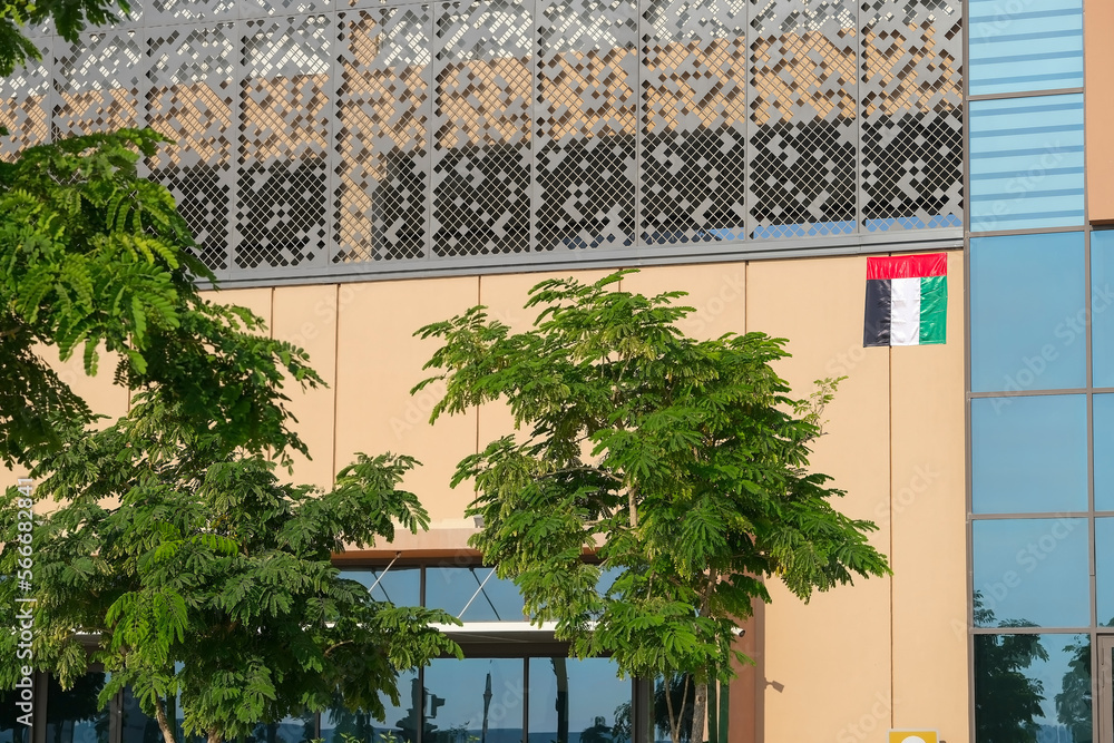 Flag of the united arab emirates UAE hangs on a building vertically in ...