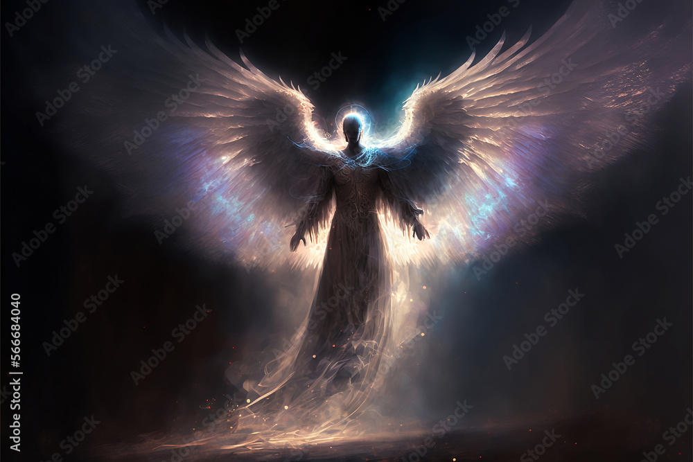 Large Angelic figure with wings unfurled. Generative AI, this image is not based on any original ...