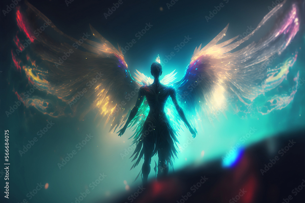 Large Angelic figure with wings unfurled. Generative AI, this image is not based on any original ...