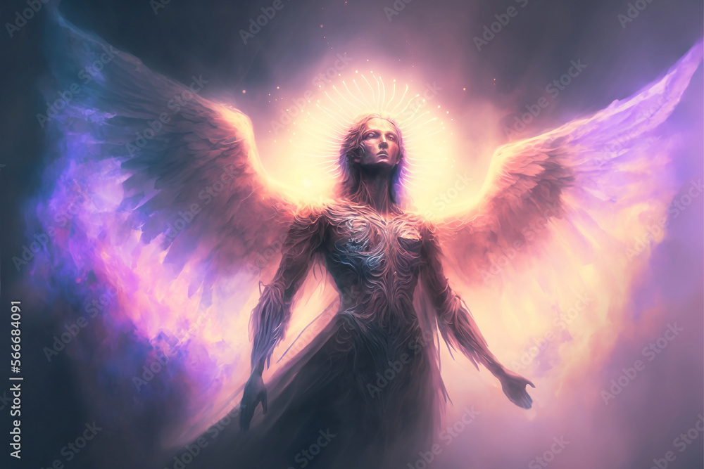 Large Angelic figure with wings unfurled. Generative AI, this image is not based on any original ...