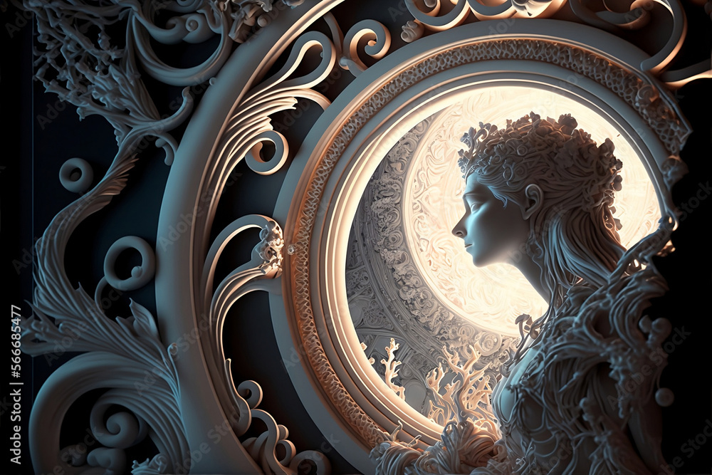 Ornate design with carved profile of beautiful woman describing quantum ...