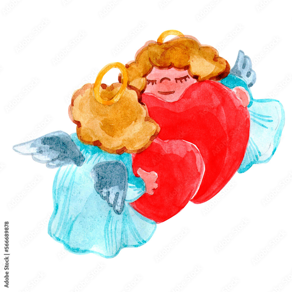 Watercolor drawing of an angel with a heart.Isolated colorful drawing ...