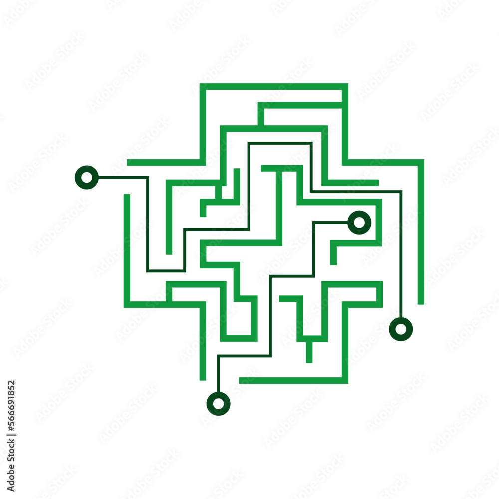 Green cross-shaped labyrinth cartoon vector illustration. Maze with ...