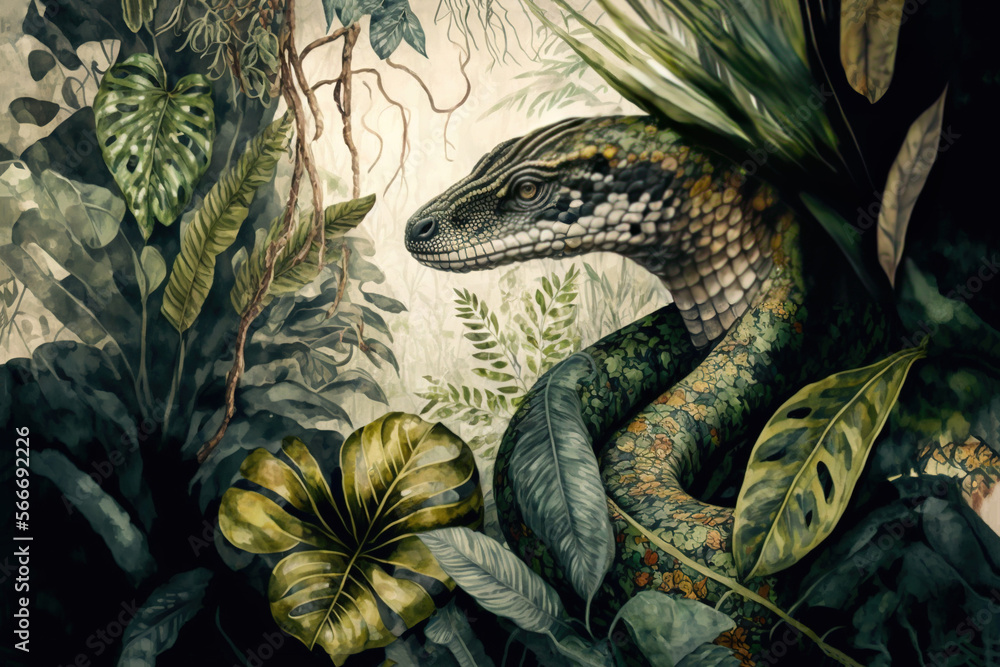 Digital watercolor painting of a snake in the jungle. 4k Wallpaper ...