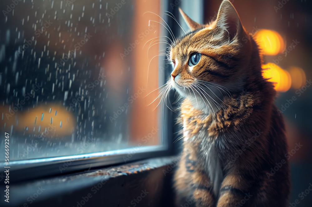 Cat Looking Out Rainy Window