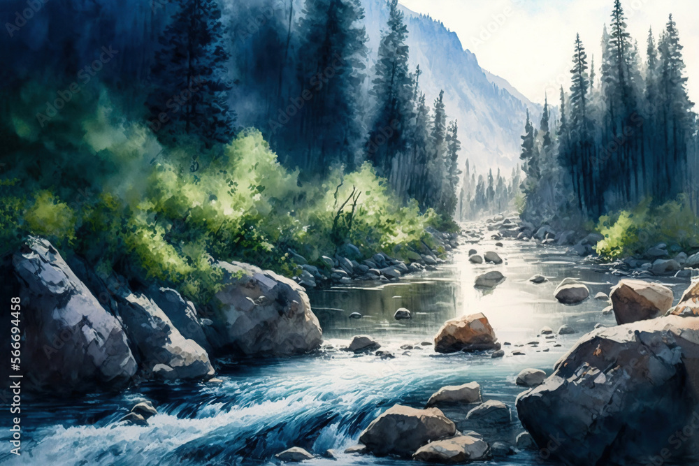 Digital watercolor painting of a river. 4k Wallpaper, background Stock ...