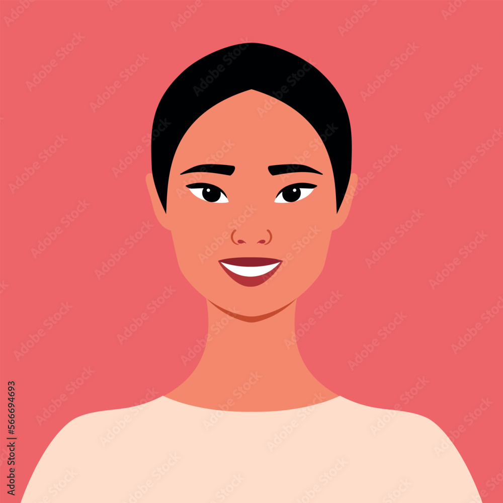 Portrait of a beautiful Asian woman. Happy smiling girl. Full face ...